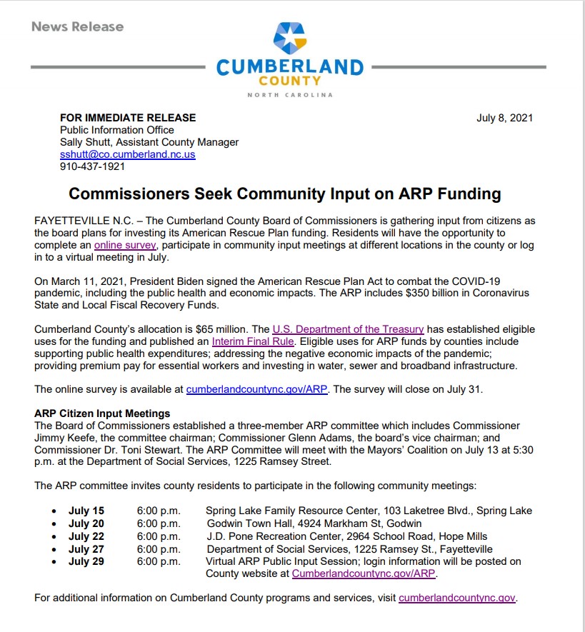 County seeks input on survey for ARP funding | Town of Spring Lake ...