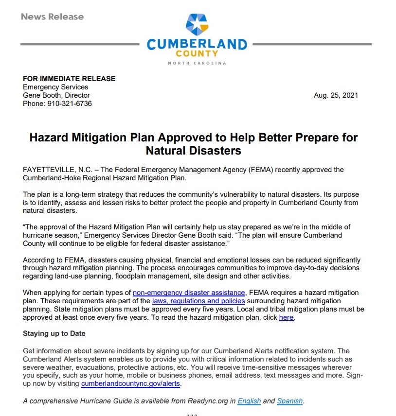 FEMA approves the Cumberland County Hazard Mitigation Plan | Town of ...