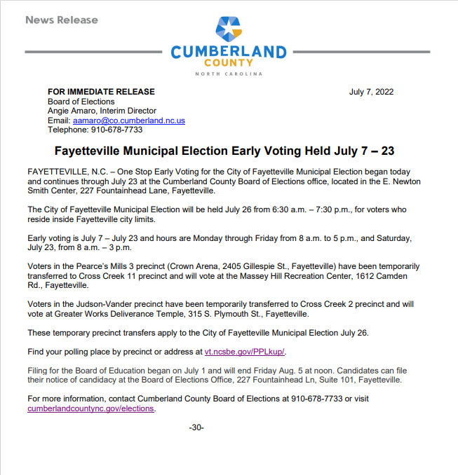 City of Fayetteville Municipal Election One-Stop Early Voting began ...
