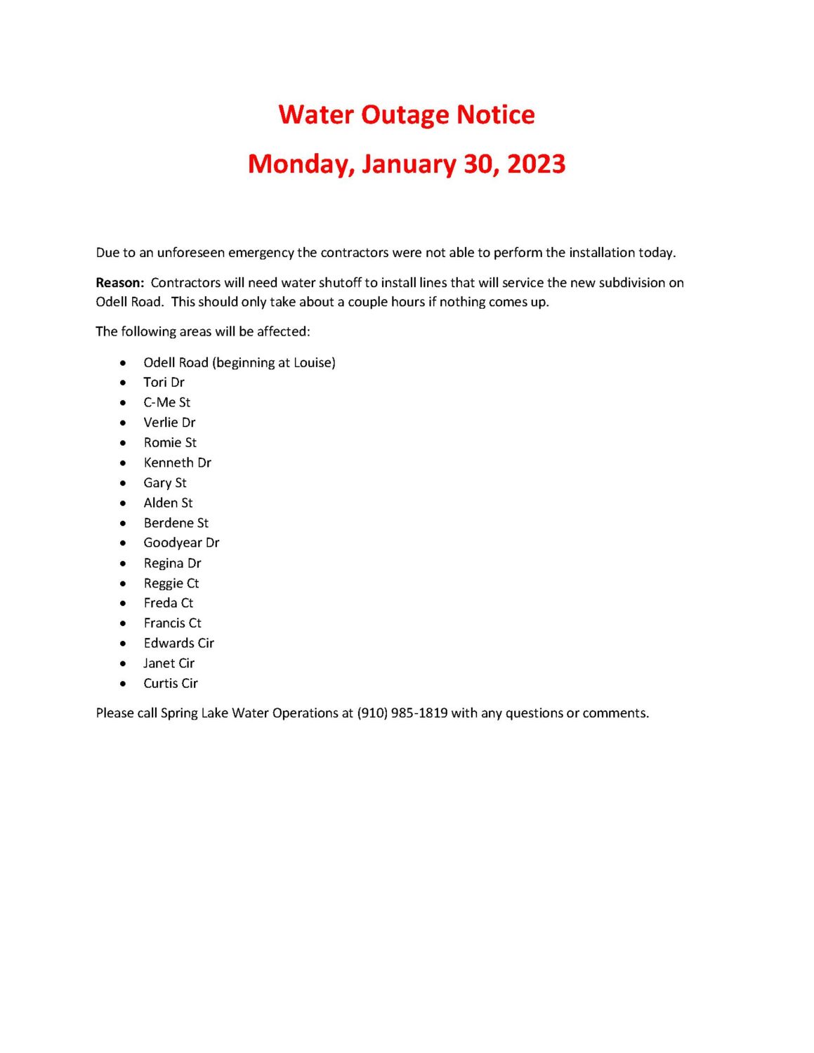 Water Outage Notice | Town of Spring Lake : Town of Spring Lake