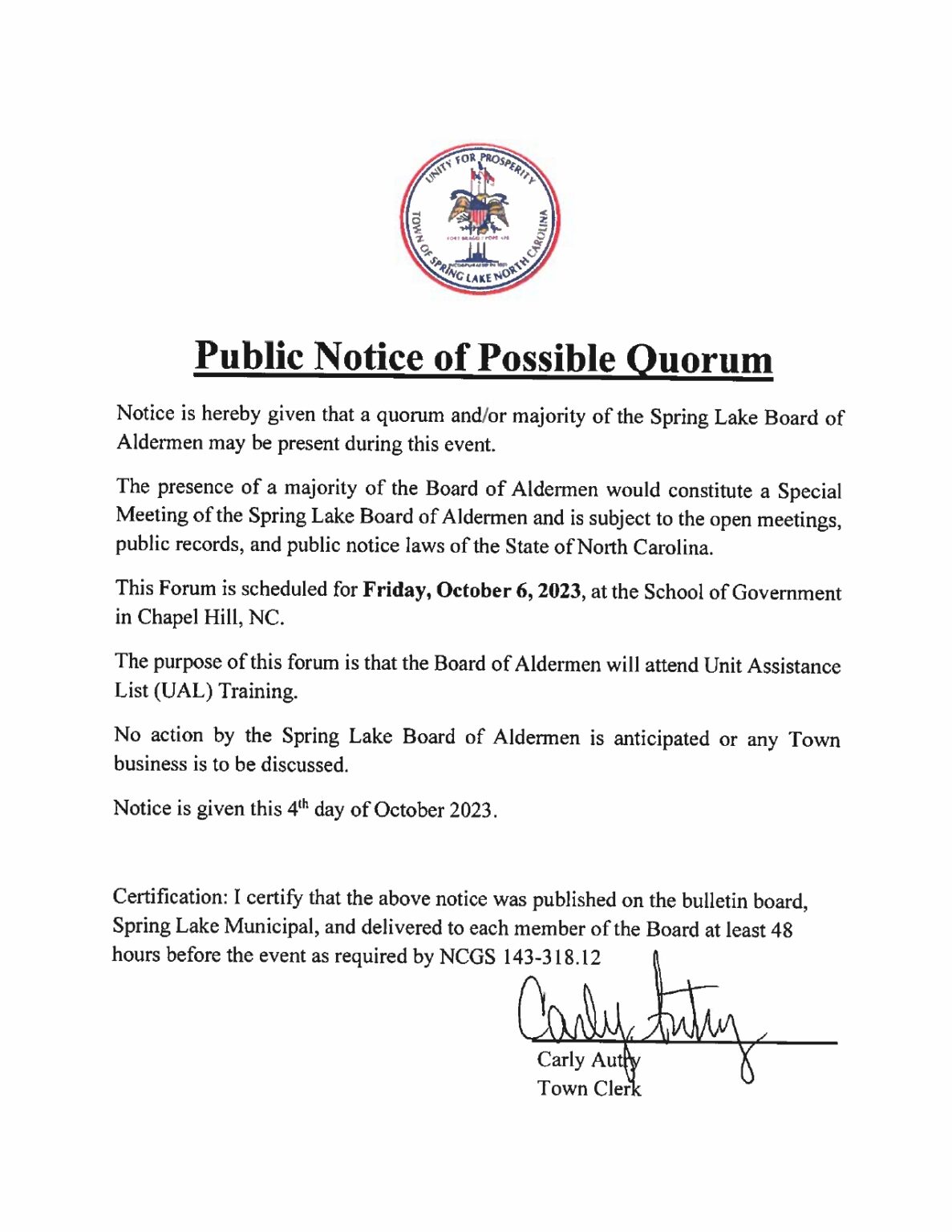 Public Notice of Possible Quorum - October 6, 2023 | Town of Spring ...