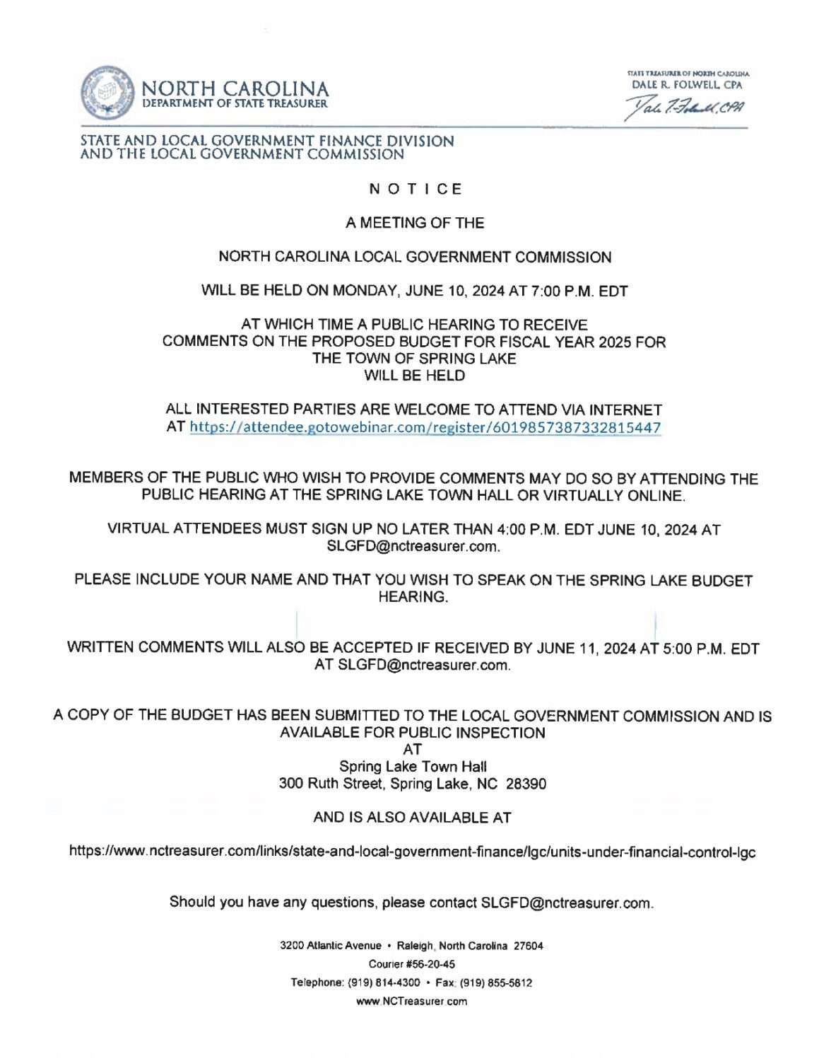 Meeting Notice of the NC LGC | Town of Spring Lake : Town of Spring Lake