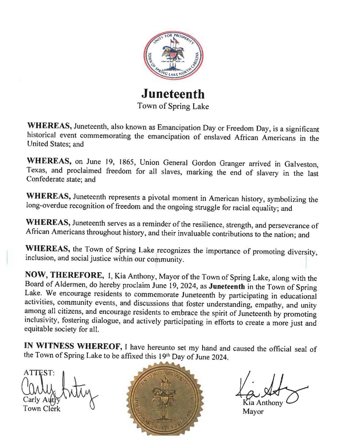 Juneteenth Proclamation | Town of Spring Lake : Town of Spring Lake